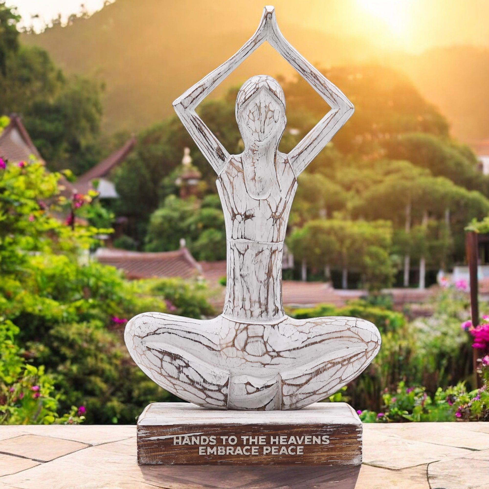 Wooden Yoga Lady - Whitewash - Hands Up Pose - "Hands to the Heavens ...