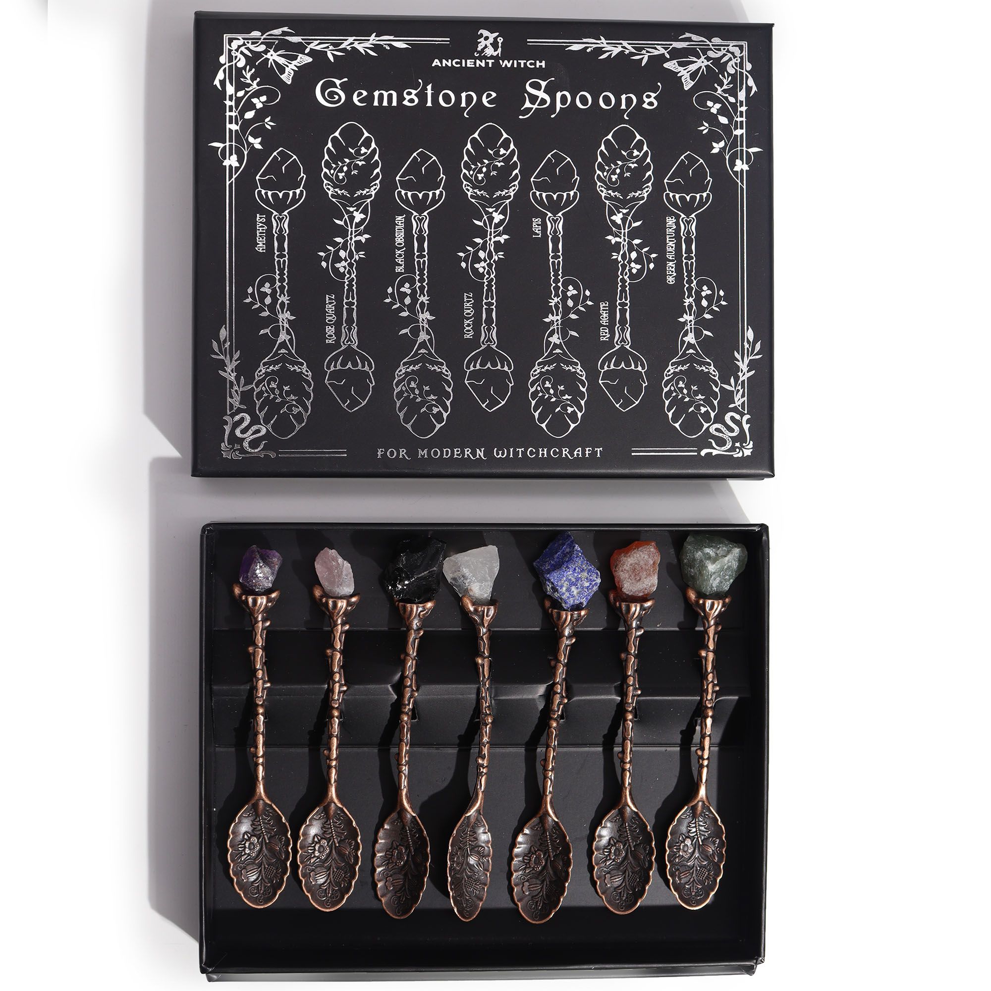Set of 7 Bronze Gemstone Crystal Witch Spoons - Happy Buddha