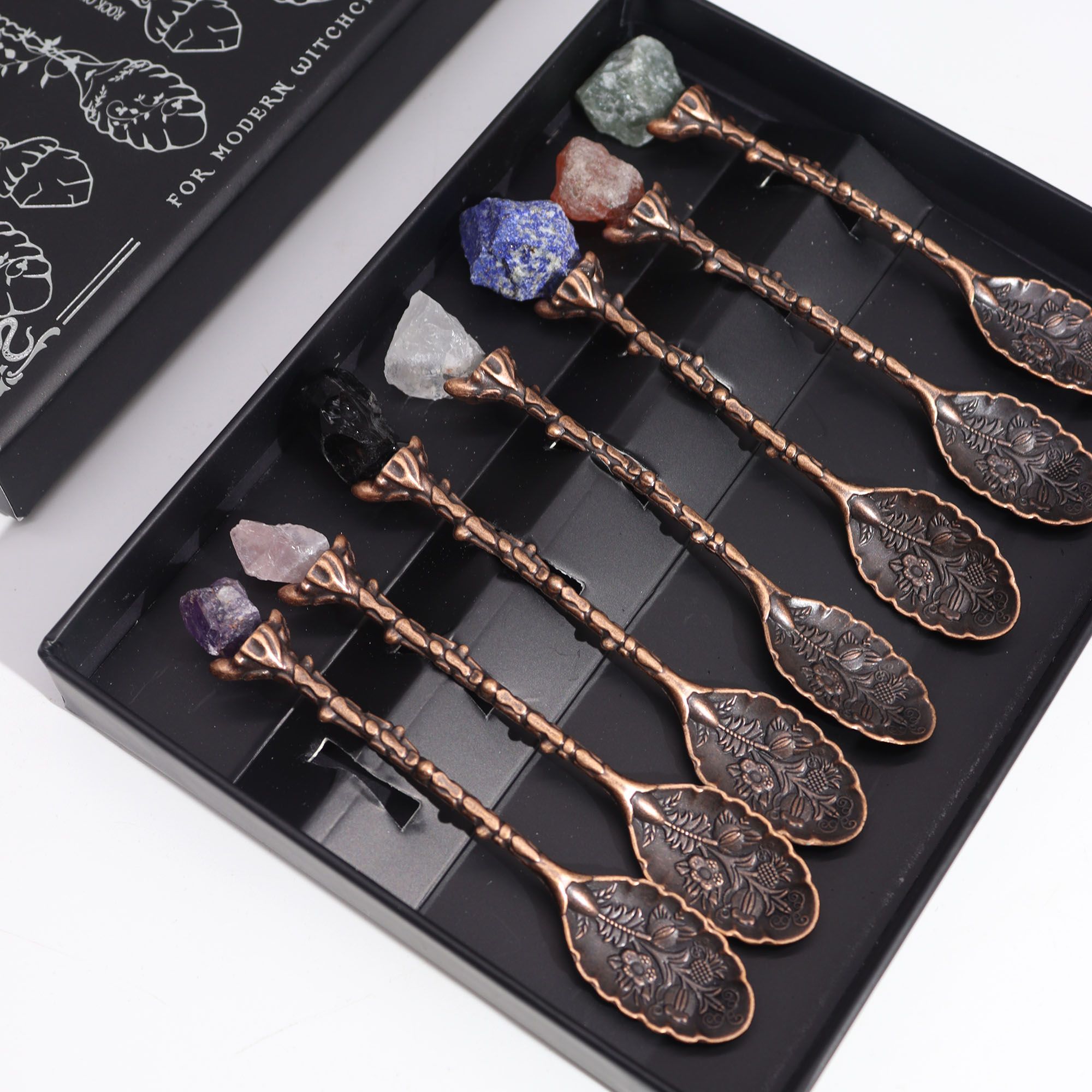 Set of 7 Bronze Gemstone Crystal Witch Spoons - Happy Buddha