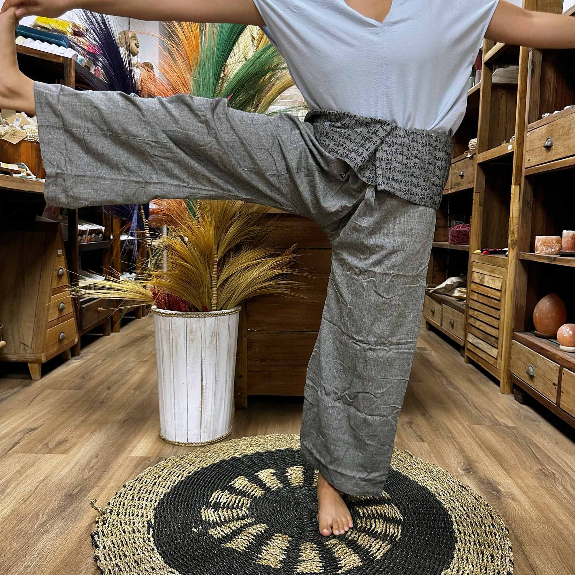 Yoga and Festival Pants - Thai Fisherman Mandala Mantra on Grey - Happy ...