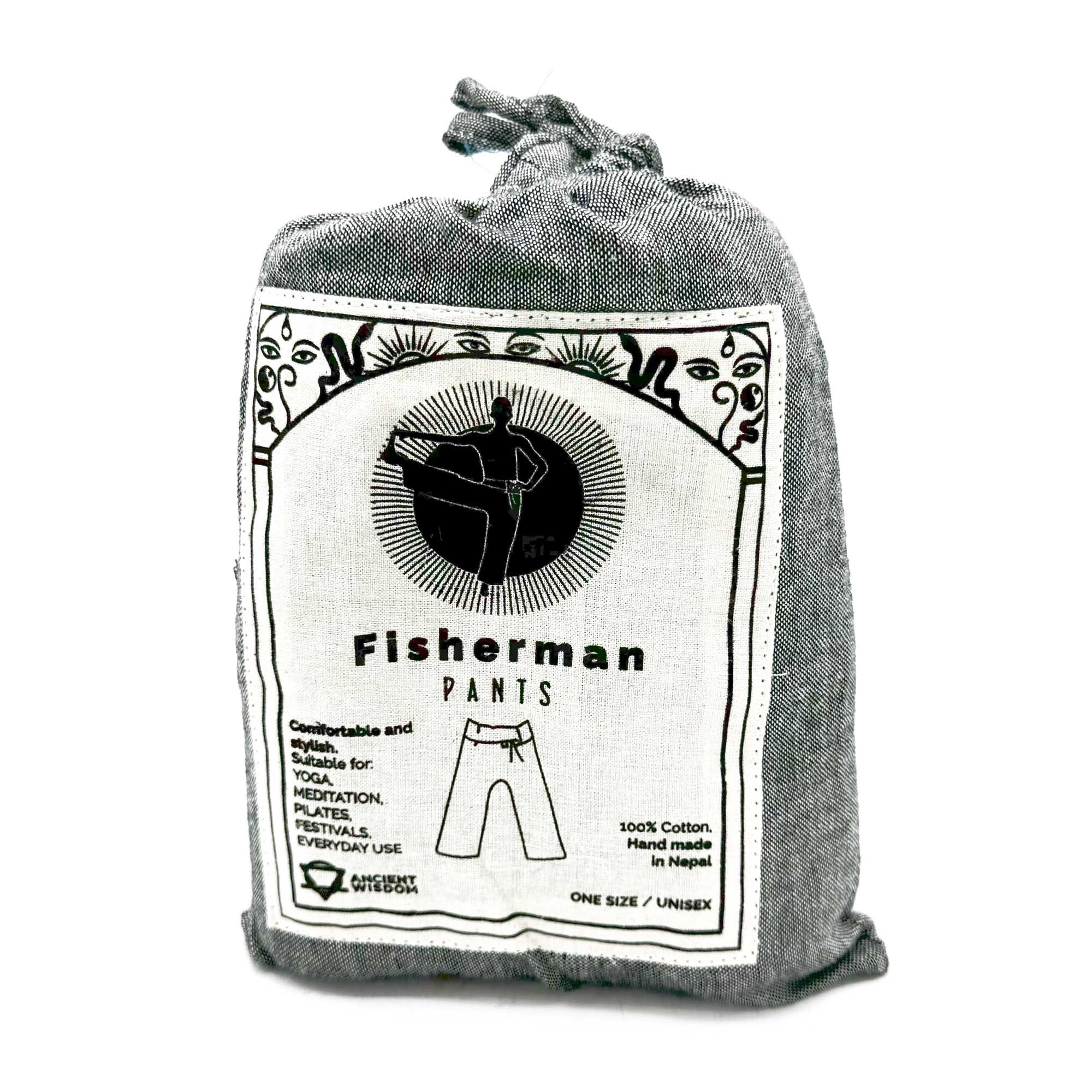 Yoga and Festival Pants - Thai Fisherman Mandala Mantra on Grey - Happy ...