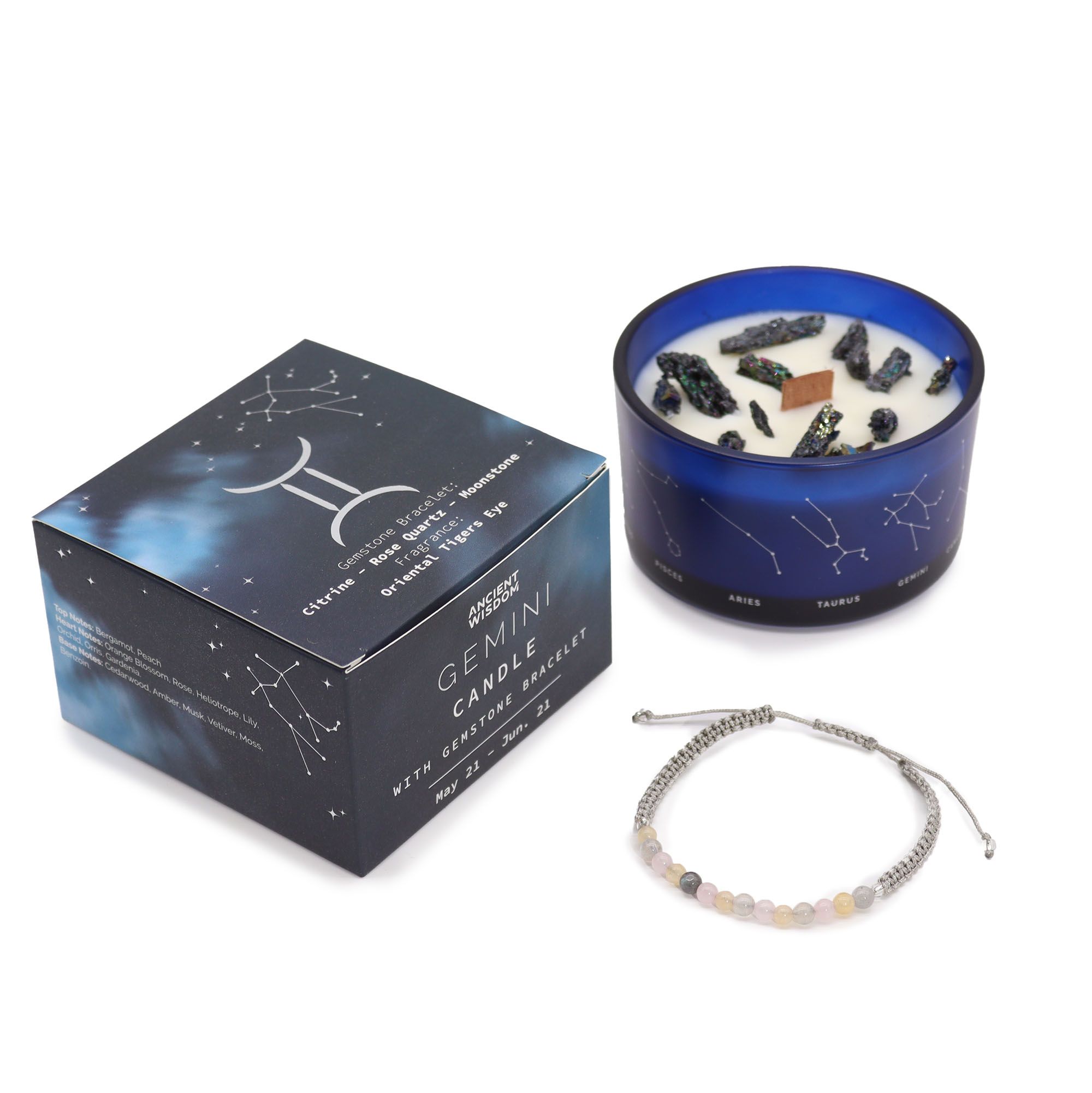 Zodiac Crystal Candle with Gemstone Bracelet - Gemini - Happy Buddha